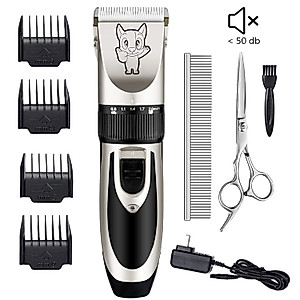 Dog Grooming Kit Clippers, Low Noise, Electric Quiet, Rechargeable, Cordless, Pet Hair Thick Coats Clippers Trimmers Set, Suitable for Dogs, Cats, and Other Pets (Silver)
