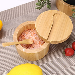 HTB Bamboo Salt Cellar Set with Spoon, Kitchen Spice Containers with Magnetic Swivel Lids, 2 Seasoning Containers Set Engraved with S and P