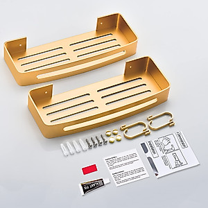 maifey Shower Caddy No Drilling, Champagne Gold Bathroom Wall Shelf Shower Shelves with Hooks, Metal Bathroom Shelf Organizer for Shampoo, Rust Proof (2 Tiers)