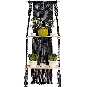 KALTEK Black Macrame Shelf | Boho Style with Two Tier Wood Shelves | Beautiful Handmade Macrame Shelf for Hanging Plants and Decor | Boho Wall Decor with Macrame Rope and Shelf
