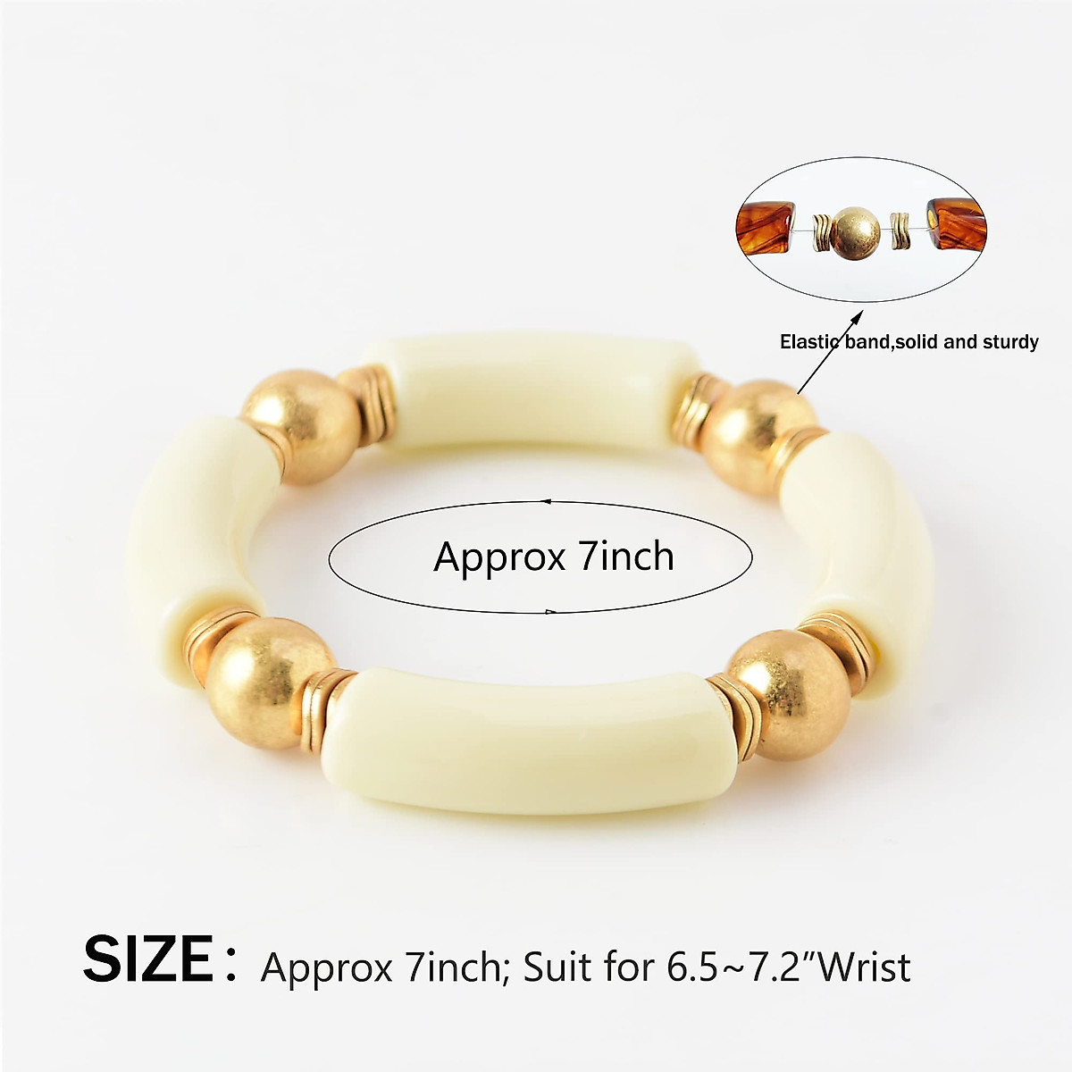 LALAPPLE Gold Plated Beaded Acrylic Bamboo Tube Bangle Bracelets for Women, Colorful Chunky Curved Tube With Gold Pieces Beads Stretch Bracelet Friendship Summer Beach Jewelry (A-Ivory)