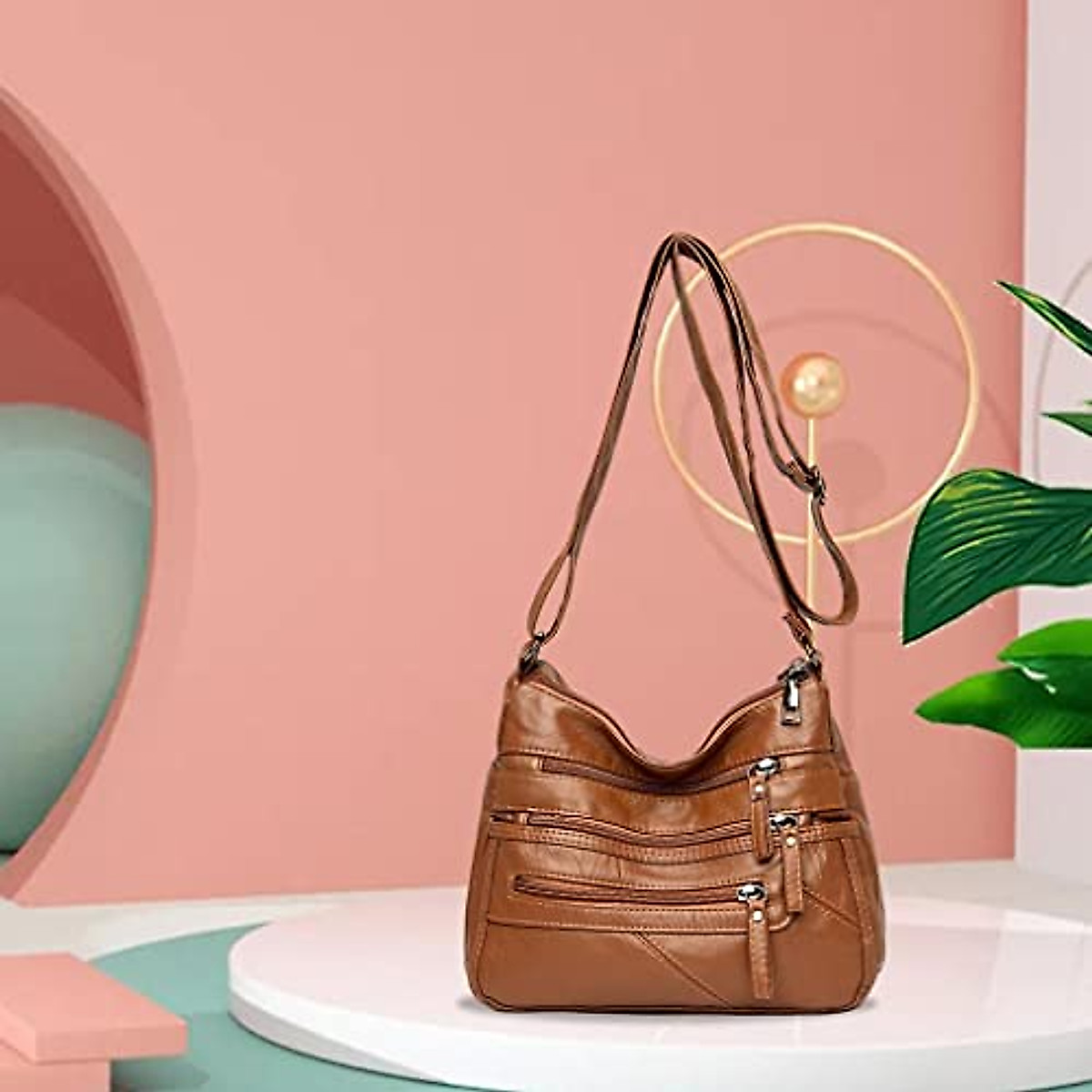 harayaa Retro Crossbody Bag for Women Shoulder Bag Soft PU Leather Handbags Purses multiple pocket Tote Bag, Brown