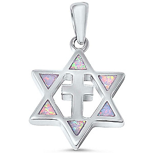 OMEGA DIAMOND CO 13847 Lab Created White Opal Star of David with Cross .925 Sterling Silver Pendant