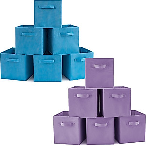 EZOWare Set of 12 Foldable Basket Bin Collapsible Storage Cube For Nursery, Kids Toys Organizer, Shelf Cabinet - ( Purple + Niagara Blue)