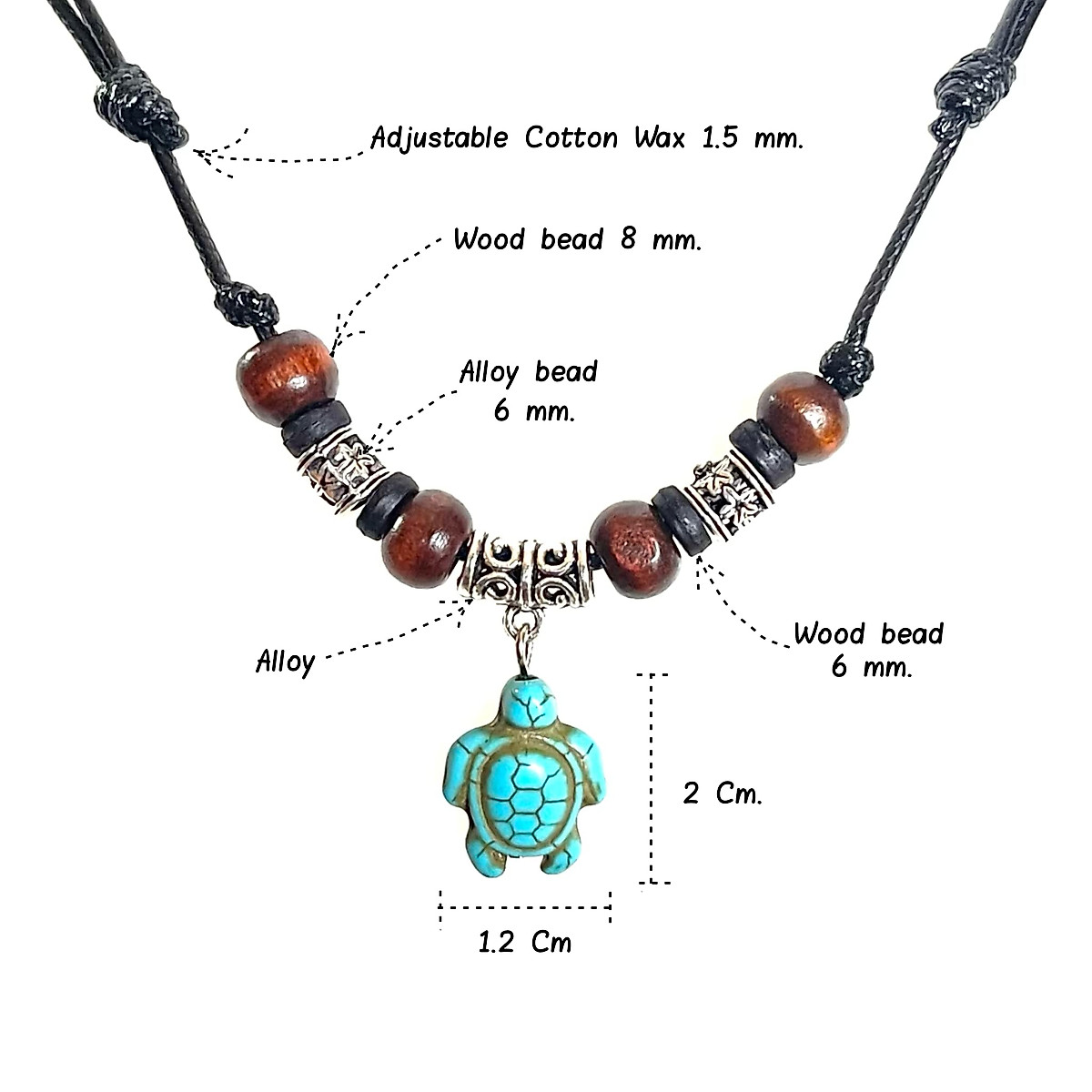 Nove Jewelry Leather Hawaiian Sea Turtle Necklace - Bone Beaded Necklace - Wood Bead and Adjustable Cord