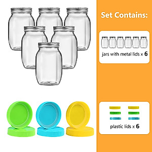 32 oz Wide Mouth Mason Jars with Metal Lids & Plastic Lids, Quart Size Clear Glass Jars for Preserving, Meal Prep, Salad, Canning, Fermenting, Favors, Home Decor, DIY - 6 Pack1 +1