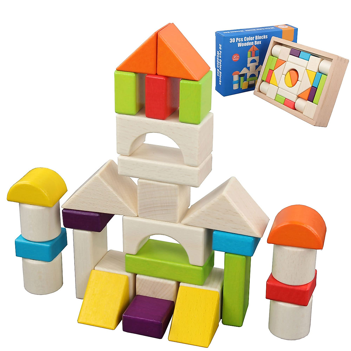 Montessori Stacking Blocks for Toddlers, 30PCS STEM Educational Wooden Toys Building Blocks for Preshool with Storage Box, Educational Early Learning Toys for Boys and Girls-Ohye Series