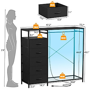 Black Dresser with Hanging Rack, Dresser for Bedroom with 5 Drawers, Clothes Dresser with Led Lights, Closet Dresser with Charging Station, 47 Inch Dresser with Shelves for Bedroom, Closet