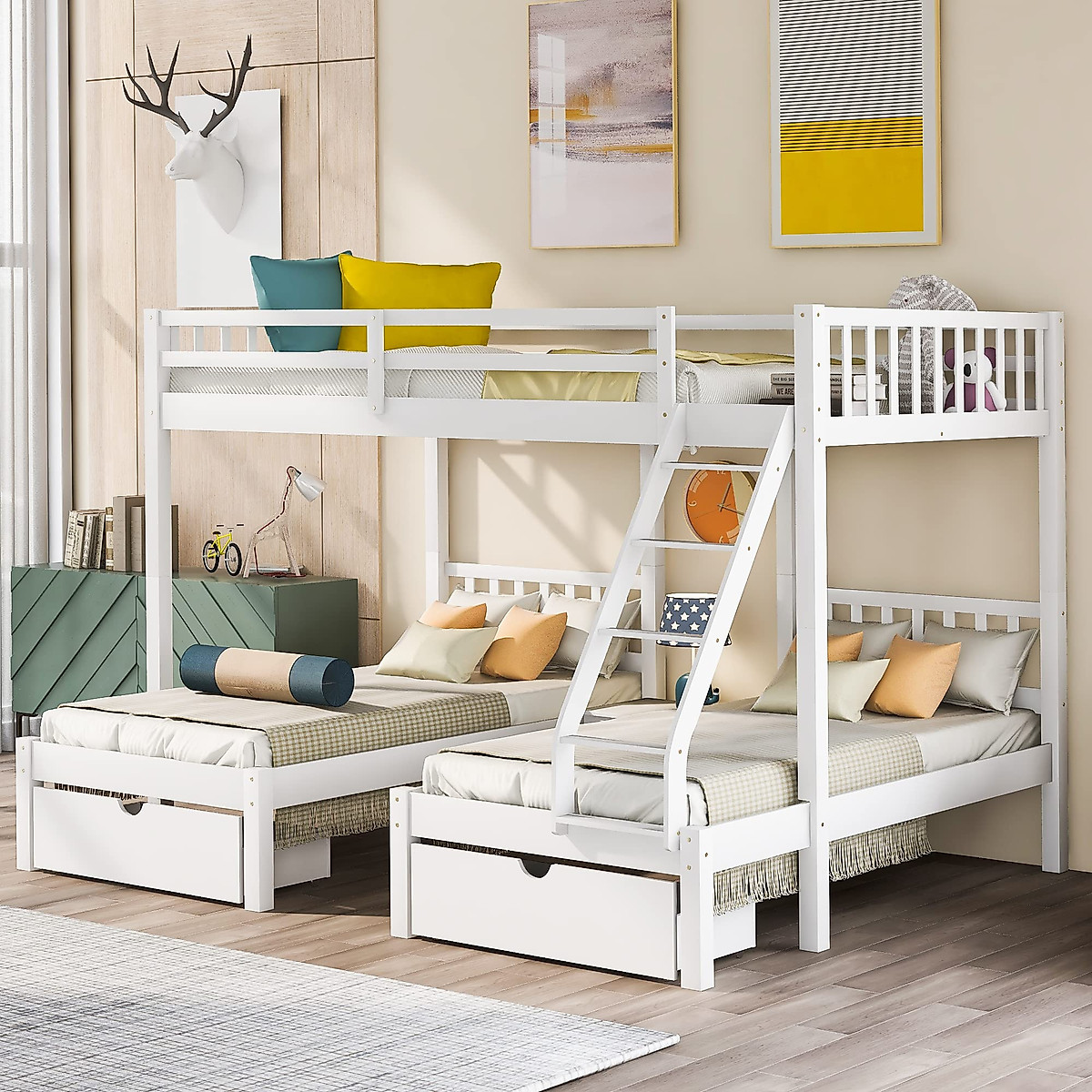 Wood Triple Bunk Bed Full Over Twin &Twin Bunk Beds for 3, Wooden Triple Beds Frame with Drawers and Guardrails for Kids,Teens, Adults, No Box Spring Needed (White)