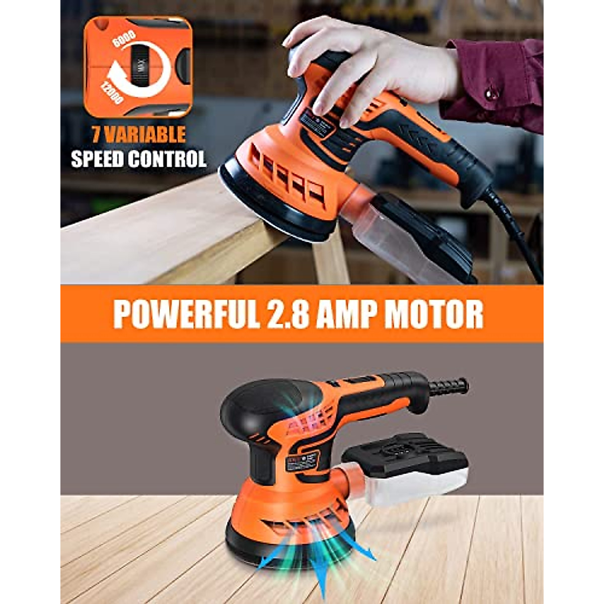 Random Orbital Sander, DWT 2.8A 350W Power Orbital Sander with 7 Variable Speed, 14Pcs Sanding Discs(2Pcs Upgrade Dust-free Sandpaper), Cyclone Box, 5-Inch Corded Electric Sander for Sanding Wood/Rust
