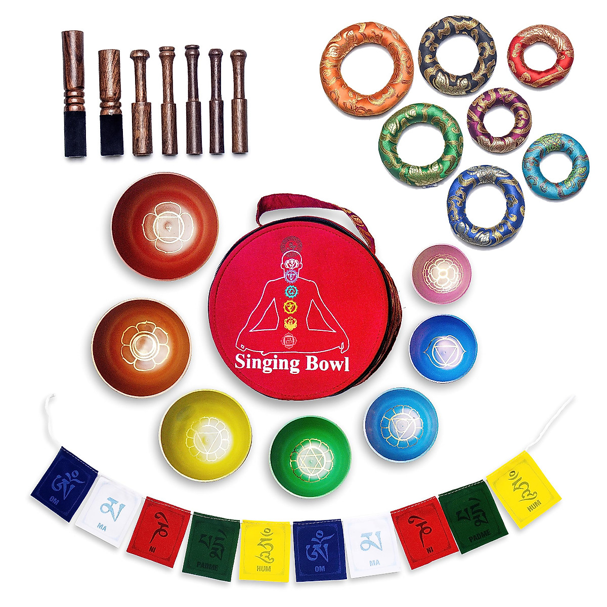 Khusi Tibetan Singing Bowl Set of 7, Handmade, 7 Colors Singing Bowl, Chakra healing, Relaxation, Stress Relief and Spiritual Singing Bowl, Comes w/silk cushions, 4 sticks and Brocade Box