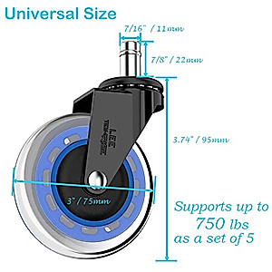 Office Chair Wheels for Wood Floors and Carpet Blue Replacement Wheels for Office Chair 3 Inch Chair Casters Set of 5 Heavy Duty Computer Gaming Desk Caster Wheels Noise Free Universal Fit