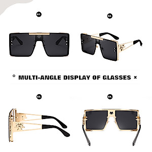 Highyou Oversize Sunglasses Mens Trendy Womens Retro Metal Shades Designer Fashion (Gold frame/black lenses)