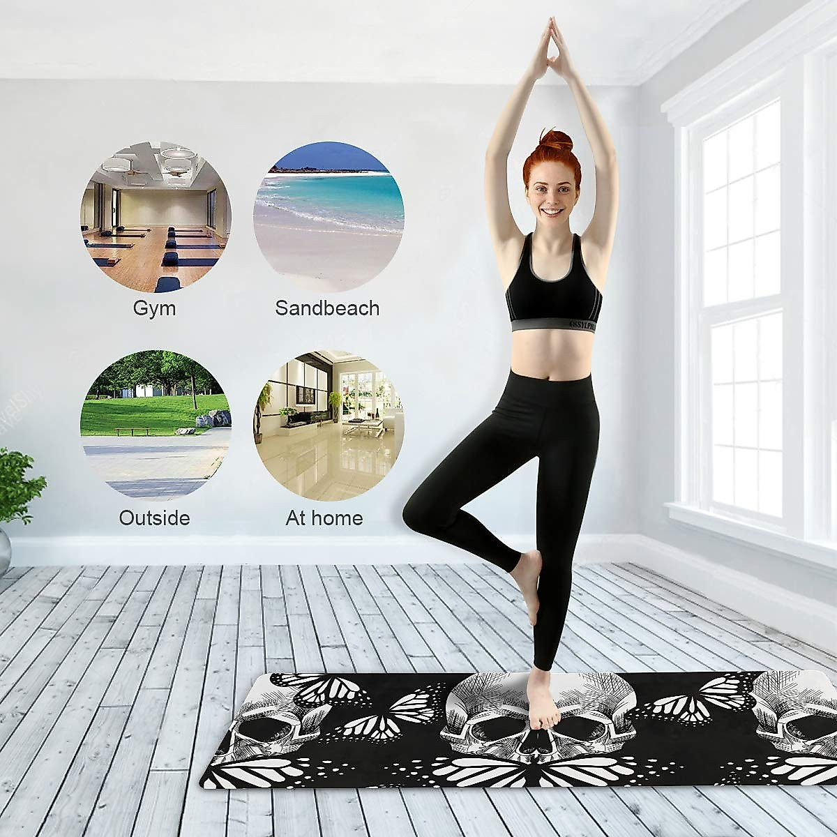 Baofu Non Slip Yoga Mat Skull Exercise Fitness Eco Friendly Hot Mat Long TPE Foldable Natural Non-Toxic Pilates Mat with Carrying Bag 71"x26"