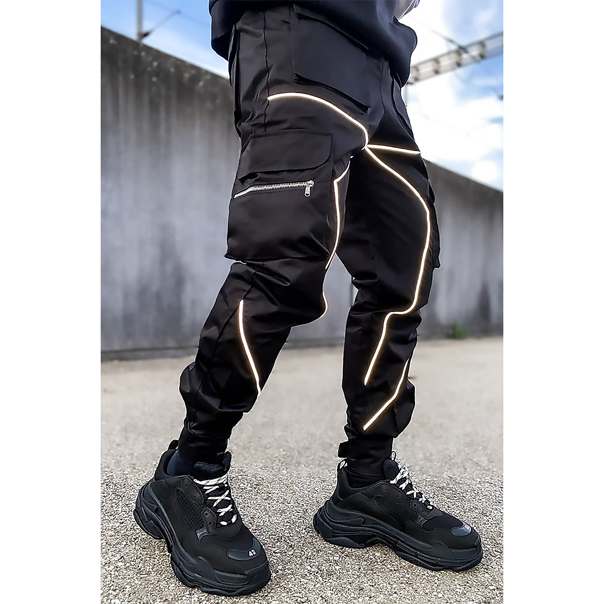 BOOMLEMON Men's Cargo Jogger Pants Reflective Technical Hip Hop Harem Pants Punk Streetwear Tactical Track Pants(Black L)