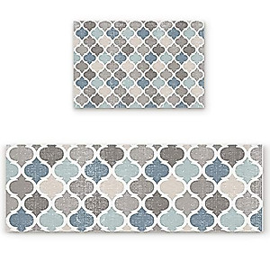 Houseown Kitchen Rugs and Mats 2 Pcs Set, Boho Moroccan Blue Grey Geometric Plaid Microfiber Kitchen Mat Non-Slip Washable Home Decor for Kitchen Floor Home Office Laundry