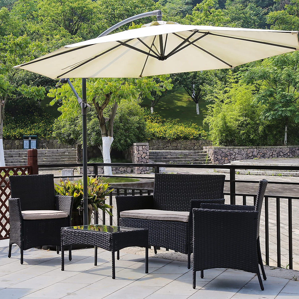 MGHH Patio Furniture Set 4 Pieces Outdoor Furniture Wicker Patio Conversation Sets Rattan Chairs with Soft Cushion and Glass Table for Pool Backyard Garden Balcony Porch Small Space,Black and Khaki