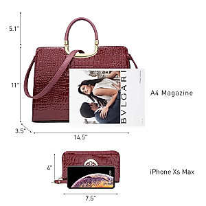 Womens Handbag Top Handle Shoulder Bag Tote Satchel Purse Work Bag with Matching Wallet (2-Croco Wine)