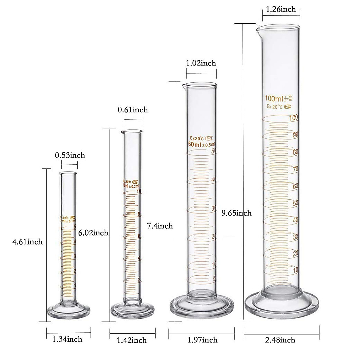Glass Graduated Cylinder Set Thick Measuring Cylinders 5ml 10 ml 50ml 100ml with 2 Glass Stirring Rod and 1 Brush