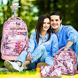 FTJCF 3pcs Rolling Backpack for Women, 21 Inche Adult Bag with Roller Wheels, Wheeled Bookbag Set for Girls - Pink