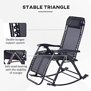 Outsunny Outdoor Rocking Chairs, Foldable Reclining Zero Gravity Lounge Rocker w/Pillow, Cup & Phone Holder, Combo Design w/Folding Legs, Black