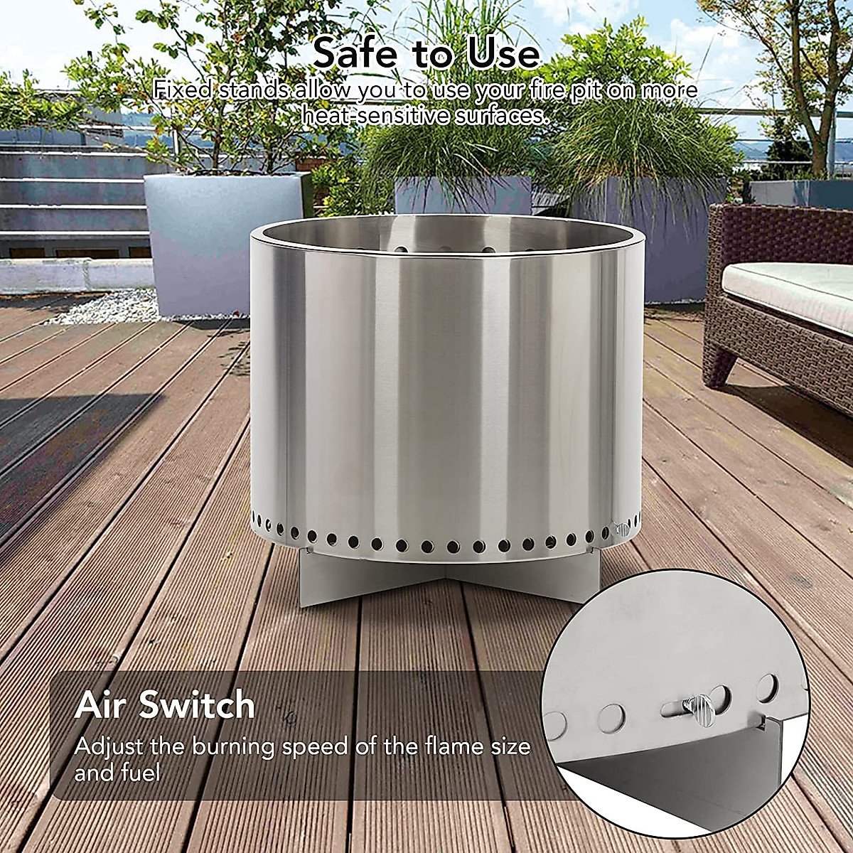 16.5" Smokeless Fire Pit with Air Switch, Wood Burning Portable Stainless Steel Outdoor Firepit with Removable Stand and Ash Pan, Ideal for Camping for Backyard Patio and Picnic, H: 11.5 in, 13.22 lbs