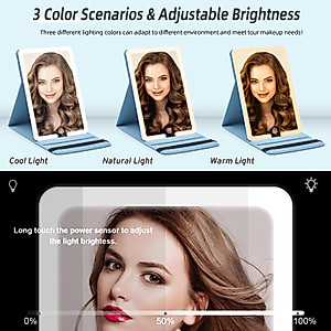 Travel Mirror with Light and Round 10X 20X Magnifying Mirror, PU Leather Travel Makeup Mirror with 3 Light Settings, Portable LED Lighted Makeup Mirror of 8 * 5.5inch, with 2000mAh (Set-Blue)