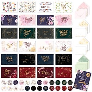 Decorably 24 Pack Gold Foiled Floral Assorted Thank You Cards with Envelopes & Stickers - 24 Designs Blank Inside Box of Thank You Cards Variety Pack, 6x4in Variety Thank You Cards with Envelopes