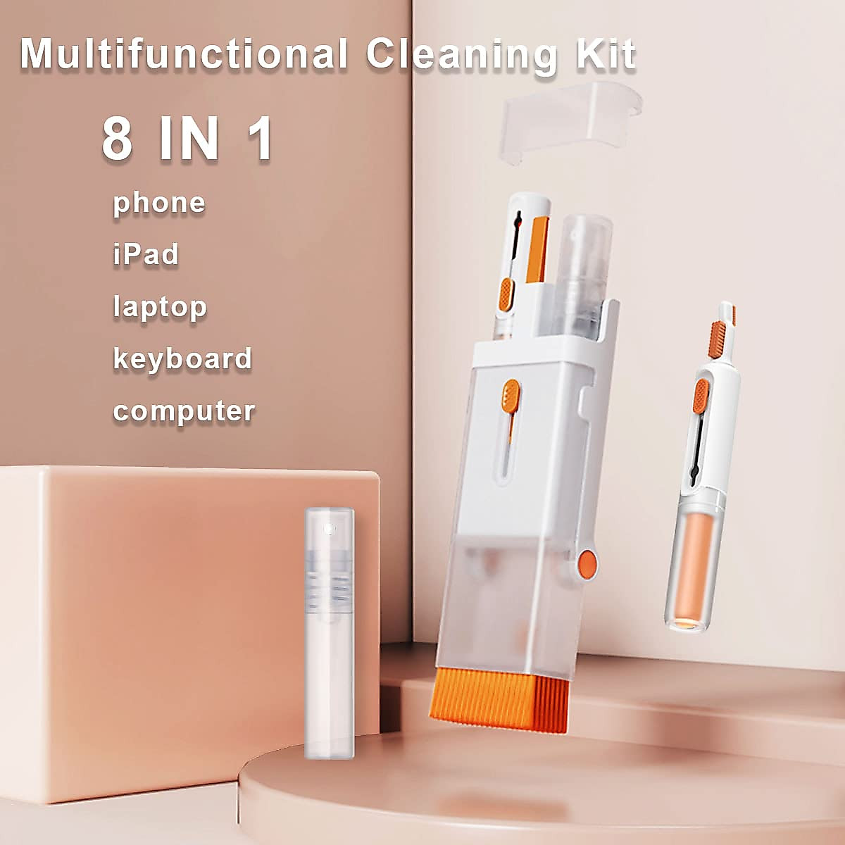 Electronics Cleaning Kit with Phone Stand. Keyboard Brush, Headphone Cleaning Tool, Screen Cleaner, Cell Phone Holder for Desk. Clean to Computer, MacBook, Laptop, iPhone, Airpods pro, Ipad. (Orange)