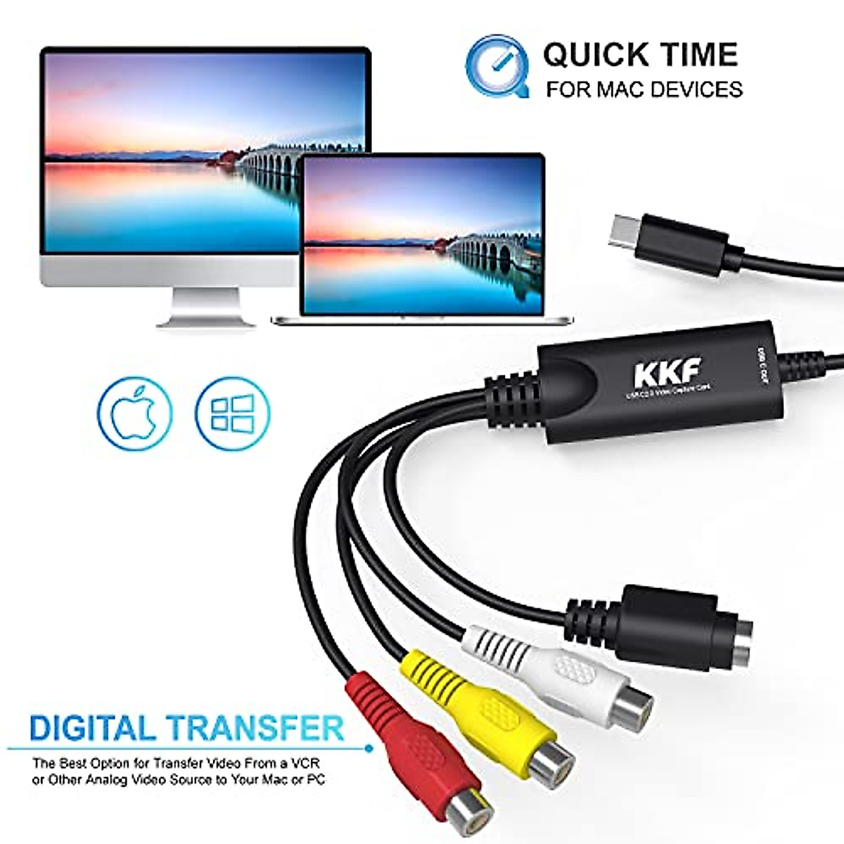 Kkf VHS to USB RCA Converter, Analog to Digital Video, Digital Video for VCR DSLR TV Box DVD Camera PS3 PS4,USB 2.0 Audio Capture Card Transfer Collector (RCA to USB C)