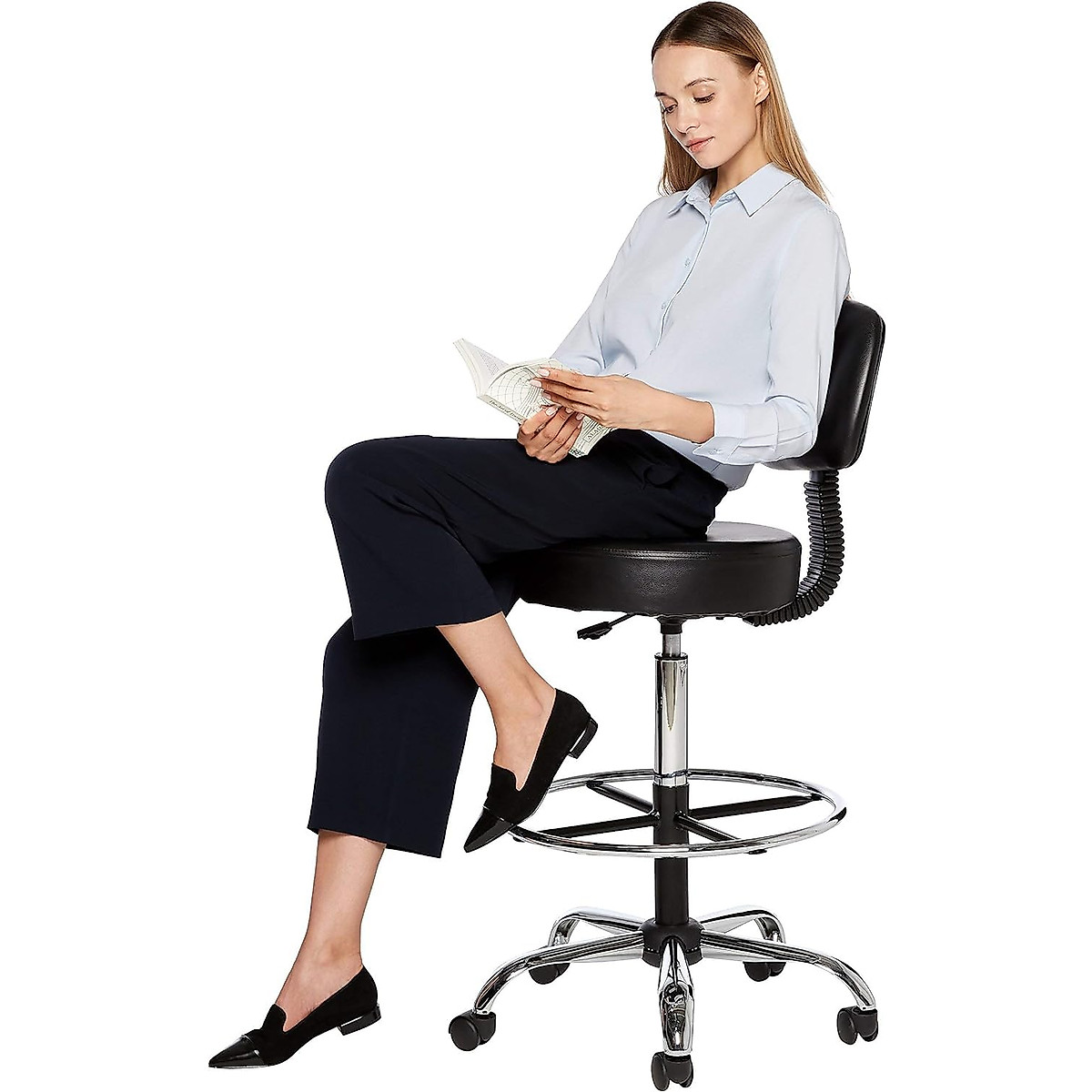 Amazon Basics Multi-Purpose Adjustable Drafting Spa Bar Stool with Foot Rest and Wheels - Black