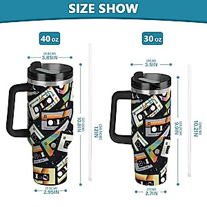 Exnundod Retro Vintage Cassette Tapes Tumbler with Handle 40oz and Straw Insulated Tumblers Leak-proof Water Bottle for Car Travel