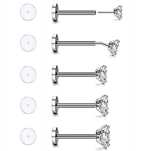 ZS 16G 18G 20G Threadless Push in Nose Studs Rings for Women, 5 Pieces Stainless Steel Lip Labret Rings Medusa Tragus Piercings Jewelry Diamond CZ 2-6mm (18G,L:6mm)