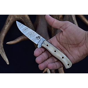 Knives Ranch Handmade Damascus Steel Knife Full Tang Quad Lanyard Hole Knife Cattle Bone Handle Heavy Duty 45 Degree Pancake Sheath Snug Fit (3112-B)