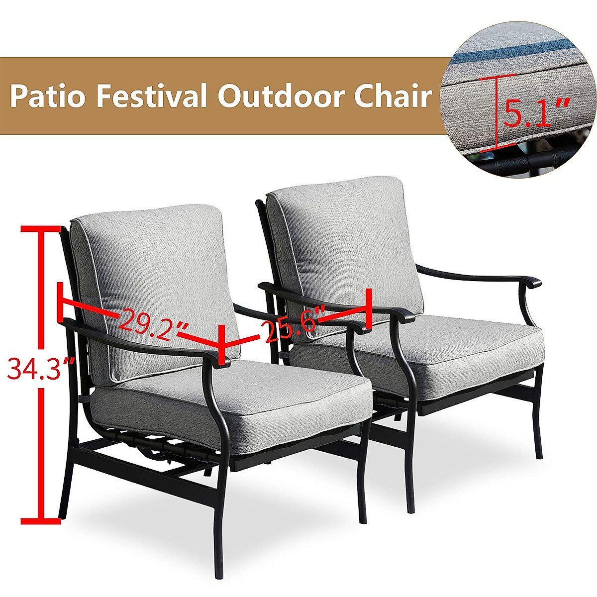 PatioFestival 2 PC Outdoor Padded Conversation Set,Patio Furniture Sets Modern Bistro Cushioned Rocking Sofa Chairs with 5.1 Inch Thick Seat Cushions,Grey