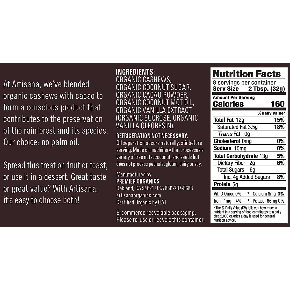 Artisana Organics Cashew Cacao Spread, 9.5oz | Sweetened with Coconut Sugar, No Palm Oil