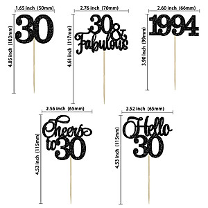 Gyufise 30Pcs 30th Birthday Cupcake Toppers Glitter Hello 30 Cupcake Topper Cheers to 30 1994 Thirty Cupcake Picks for Happy 30th Birthday Anniversary Party Cake Decorations Black