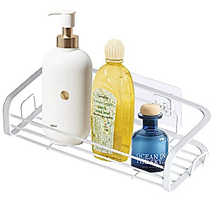 Poeland Shower Caddy Shelf with Hooks, Wall Mounted Organizer No Drilling Adhesive Floating Shelf Storage Rack for Bathroom, Kitchen White