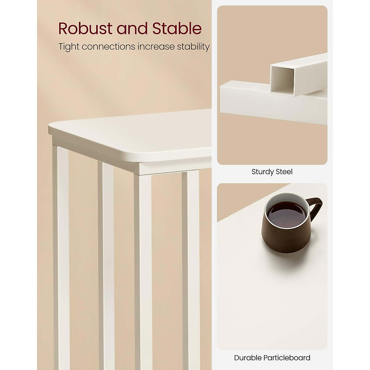 VASAGLE End Table, C Shaped TV Tray with Metal Frame Rolling Casters for Coffee Laptop Mobile Tablet, Industrial Side Table for Living Room Bedroom, 19.7 x 13.8 x 23.6 Inches, Cream White ULNT050W77