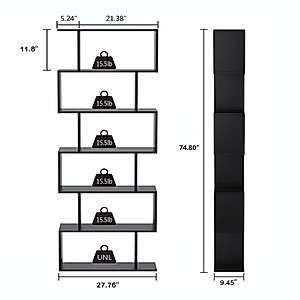 Yusong Bookshelf 6-Tier, Geometric Bookcase S Shaped Book Shelves for Bedroom, Modern Wood Decorative Display Shelf Tall Book Case for Home Office, Black