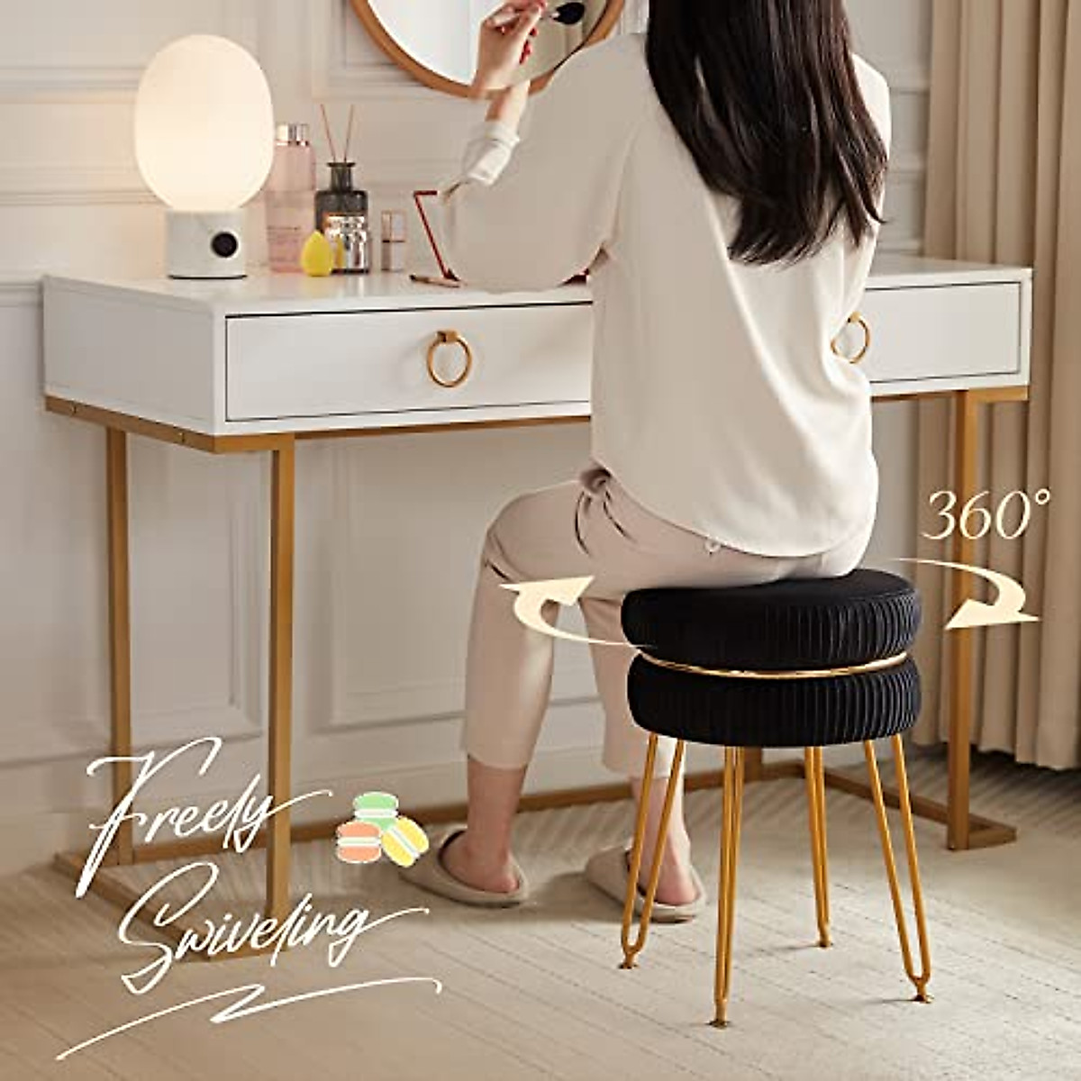 Soohow Velvet Vanity Chair for Makeup Room, Upholstered Foot Stool Vanity Stool, 360° Swivel Round Ottoman Foot Rest Makeup Chair, Vanity Bench Foot Stools Ottoman with Metal Legs for Living Room