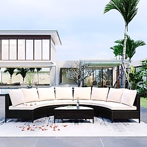 Rhomtree 5-Piece Outdoor Sectional Sofa Set Half-Moon Wicker Conversation Set with Beige Cushions & Tempered Glass Coffee Table, All-Weather Brown PE Rattan Wicker Sofa