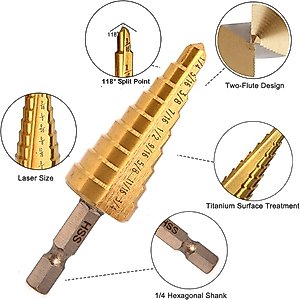 Sinoprotools Step Drill Bit & Automatic Center Punch,3pcs HSS Titanium Step Drill Bit Set, Quick Change 1/4" Shank Step Bit,Unibit Step Bits for Plastic, Wood, Sheet Metal Hole Drilling