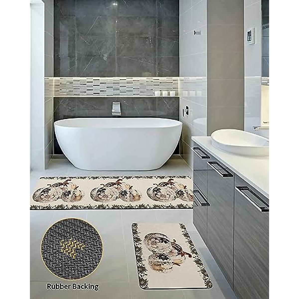Farmhouse Thanksgiving Bath Mat for Tub,Non Slip Bathroom Floor Runner Rug Quick Dry & Absorbent Diatomaceous Earth Shower Sink Kitchen Washable Doormat,European Pumpkins Gold Floral Leaf 16x24+16x47