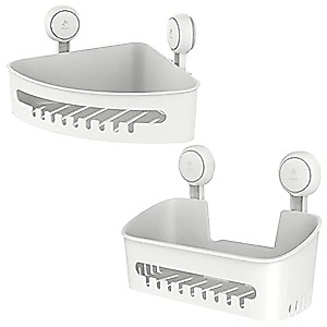 LEVERLOC Corner Shower Caddy Suction Cup And NO-Drilling Removable Shower Caddy Suction Cup Bathroom Shower Shelf Heavy Duty Max Hold 22lbs Caddy Organizer Shower Corner Rack for Bathroom & Kitchen