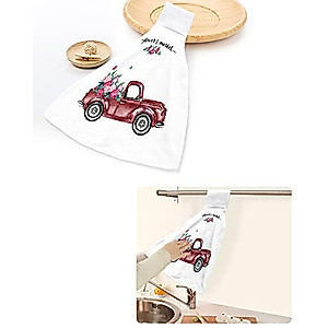 Hanging Hand Towels Kitchen Towel Spring Red Car with Flowers and Green Leaves Bathroom Hand Towels with Loop Tie Towels Soft,Absorbent Tea Bar Towels,2pcs