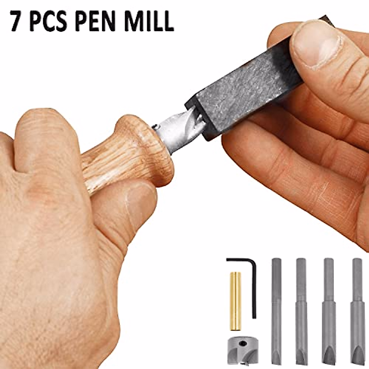 Pen Mill Set, 7 PC Pen Barrel Trimming System with 3/4 inch Cutting Head, 7mm, 8mm, 3/8 inch, 10mm Pilot Cutter Shafts, 0 Size Adaptor Sleeve and Hex Key Wrench, Pen Barrel Mill Trimmer Set by Tackpro
