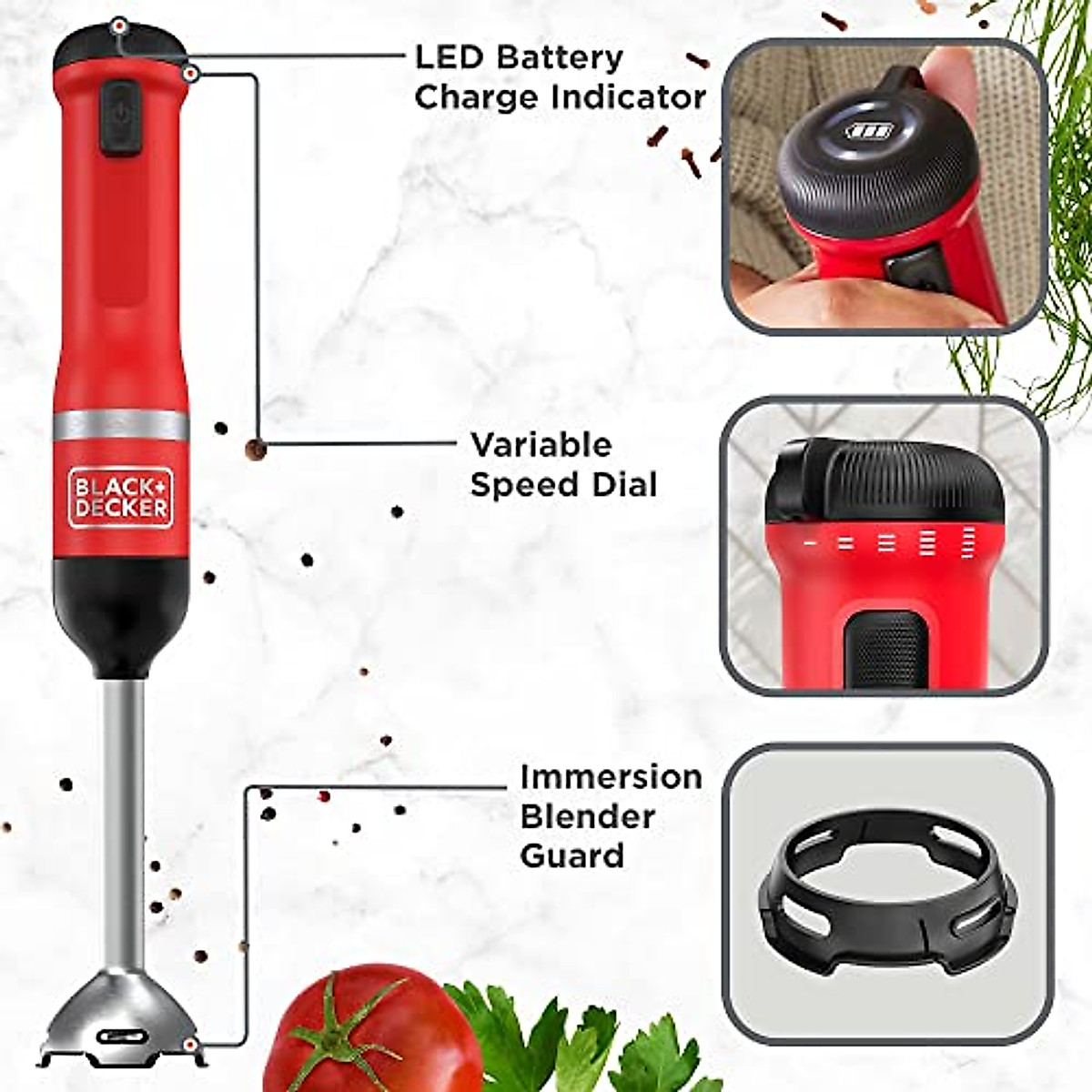 BLACK+DECKER Kitchen Wand Immersion Blender Handheld, With Charging Dock, Mixing Cup, Cordless, Red (BCKM1011K06)