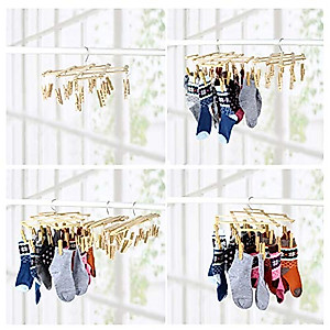 Cabilock Foldable Clip Hangers with Drying Clips Wood Underwear Hanger with 16pcs Clips Wooden Laundry Clip and Drip Drying Hanger for Socks Bras Lingerie Clothes Drying Rack 2pcs