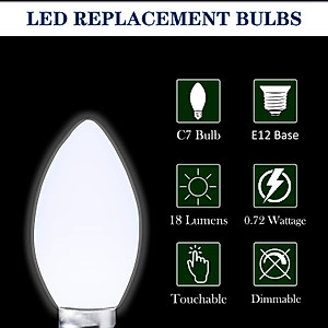 25 Pack C7 Cool White LED Replaceable Bulbs – Dimmable White LED Christmas Lights Bulbs Decoration, 0.72W Indoor Outdoor Christmas Waterproof Bulbs, White Night Light, E12 Candelabra Base, IP:65